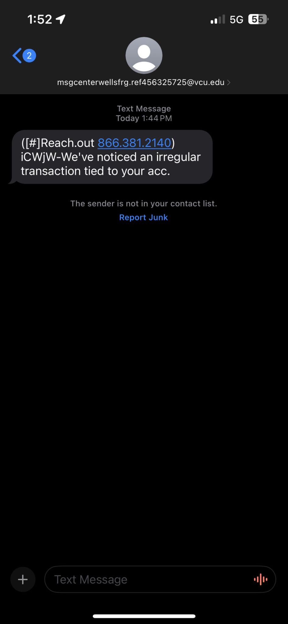 Phishing Text Message – Suspicious Bank Account 10/2/2023 – Phishing Net