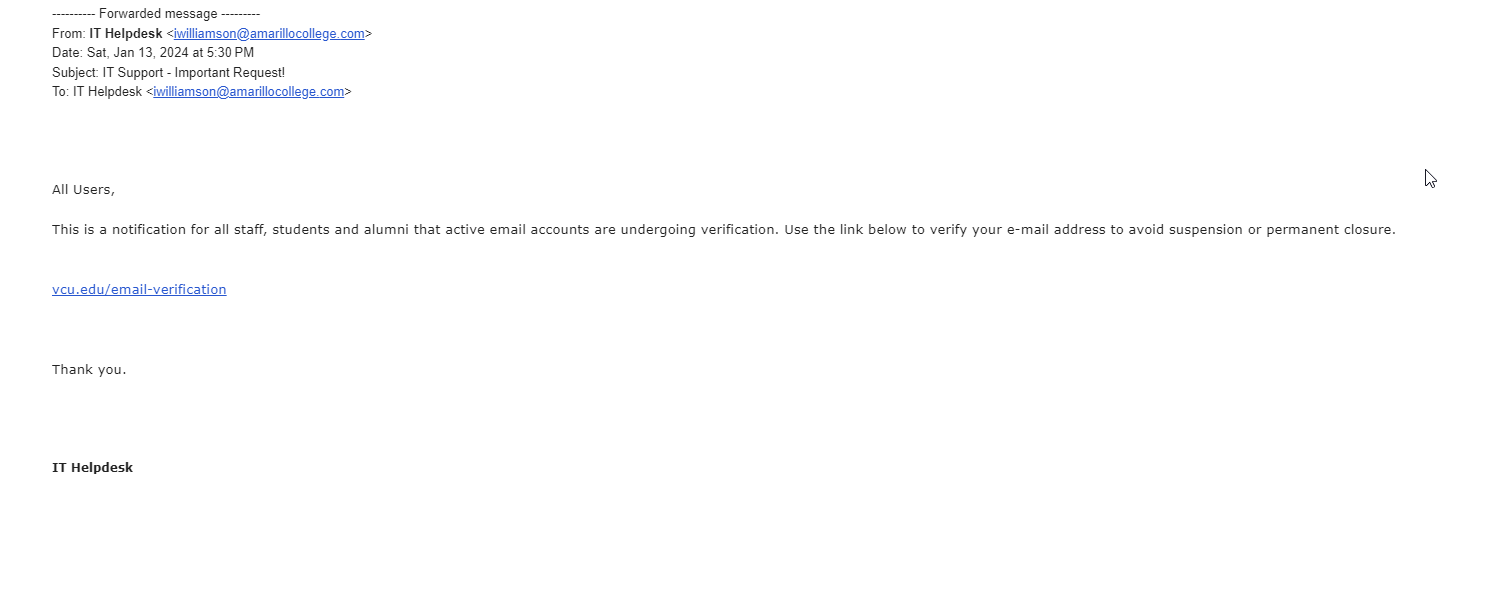 Warning of Fake Email Verification Scam 1-16-24 5:30am – Phishing Net