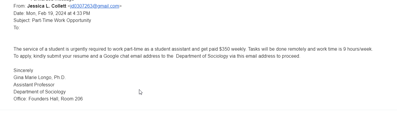 Job Scam Email Reported Mon, Feb 19, 2024 at 4:33 PM – Phishing Net