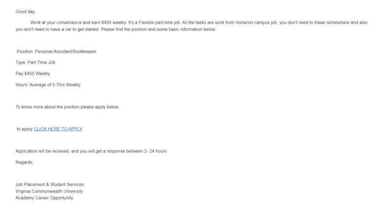 Please beware Job scam email example below – Phishing Net